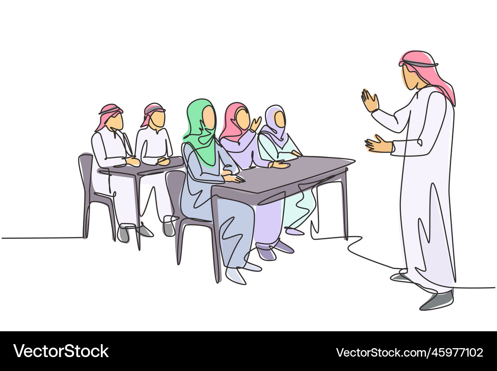Single continuous line drawing of young muslim Vector Image