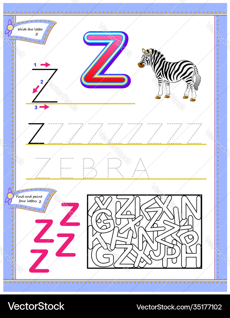 Worksheet for kids with letter z for study Vector Image