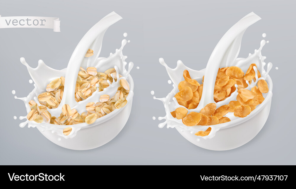 Rolled oats and milk splashes corn flakes 3d Vector Image
