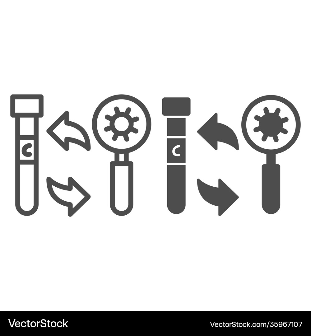 Test tube and magnifying glass line and solid icon