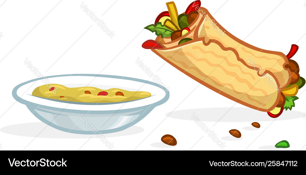 Cartoon falafel roll plate with hummus Royalty Free Vector