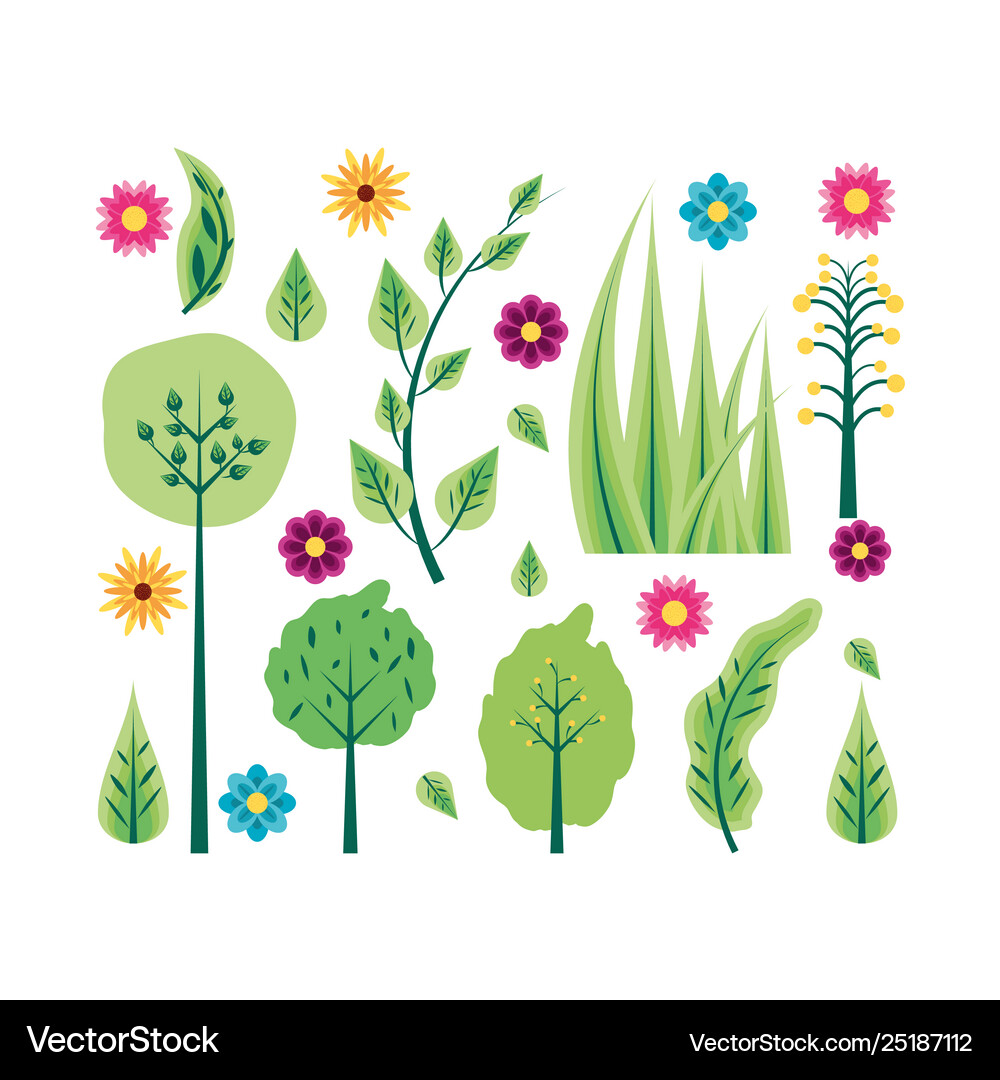 Set natural trees plants with flowers and leafs Vector Image