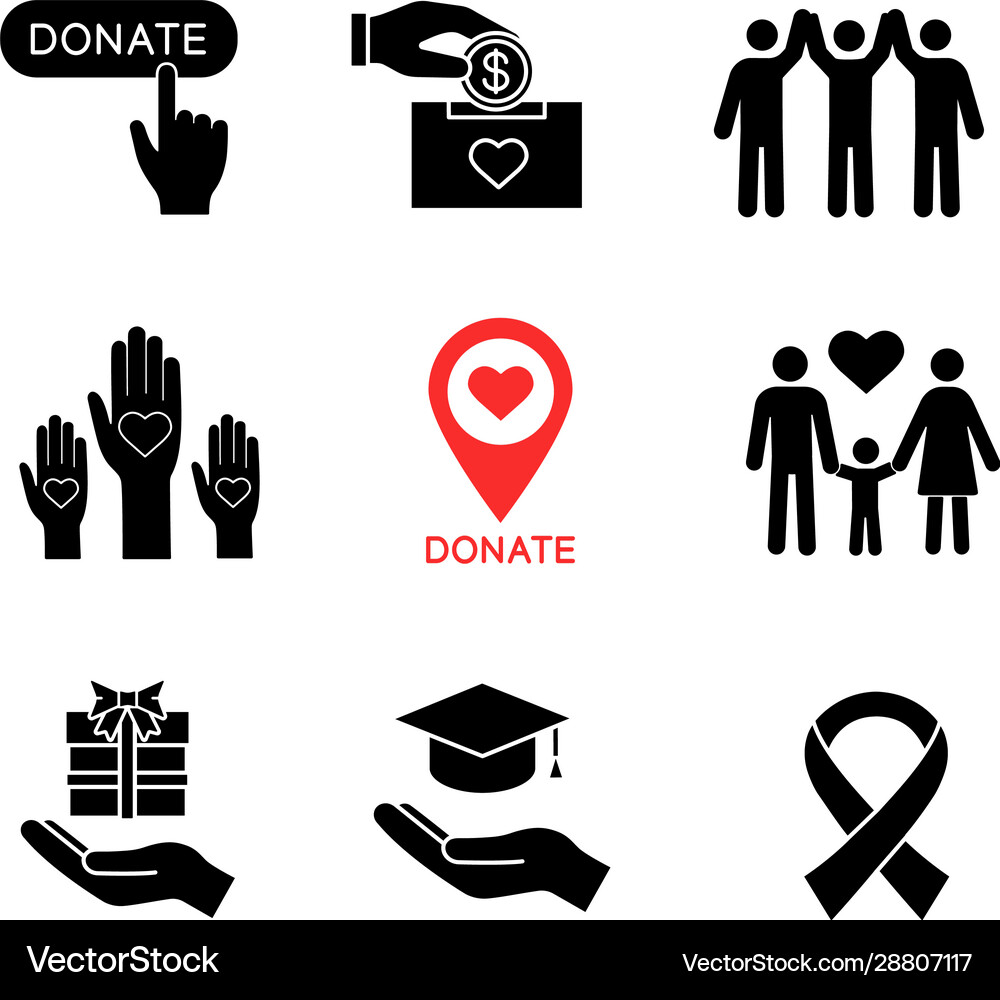 Charity glyph icons set Royalty Free Vector Image