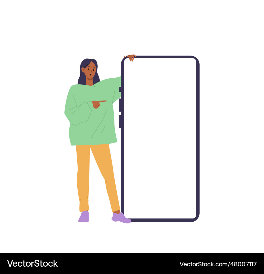 Surprised happy woman presenter character pointing