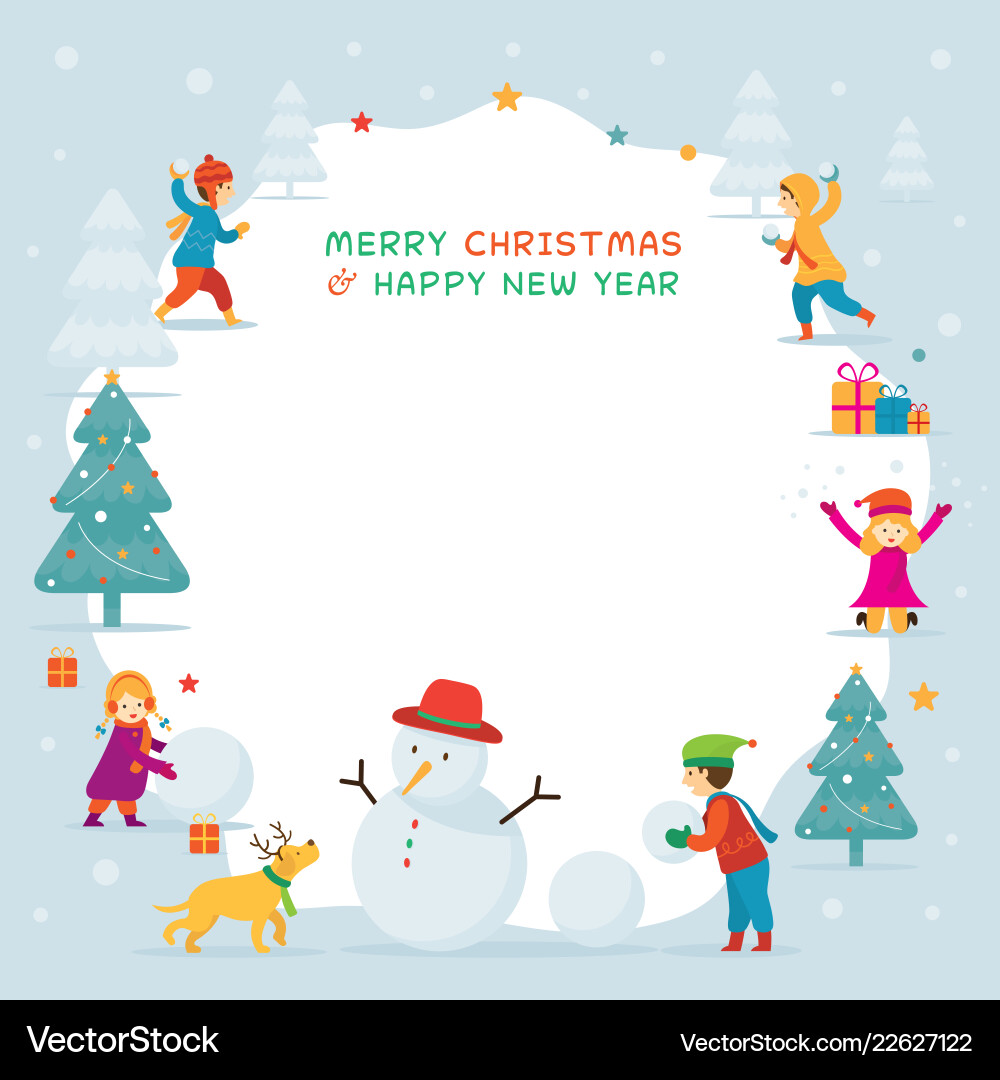 Kids or children playing snow frame Royalty Free Vector