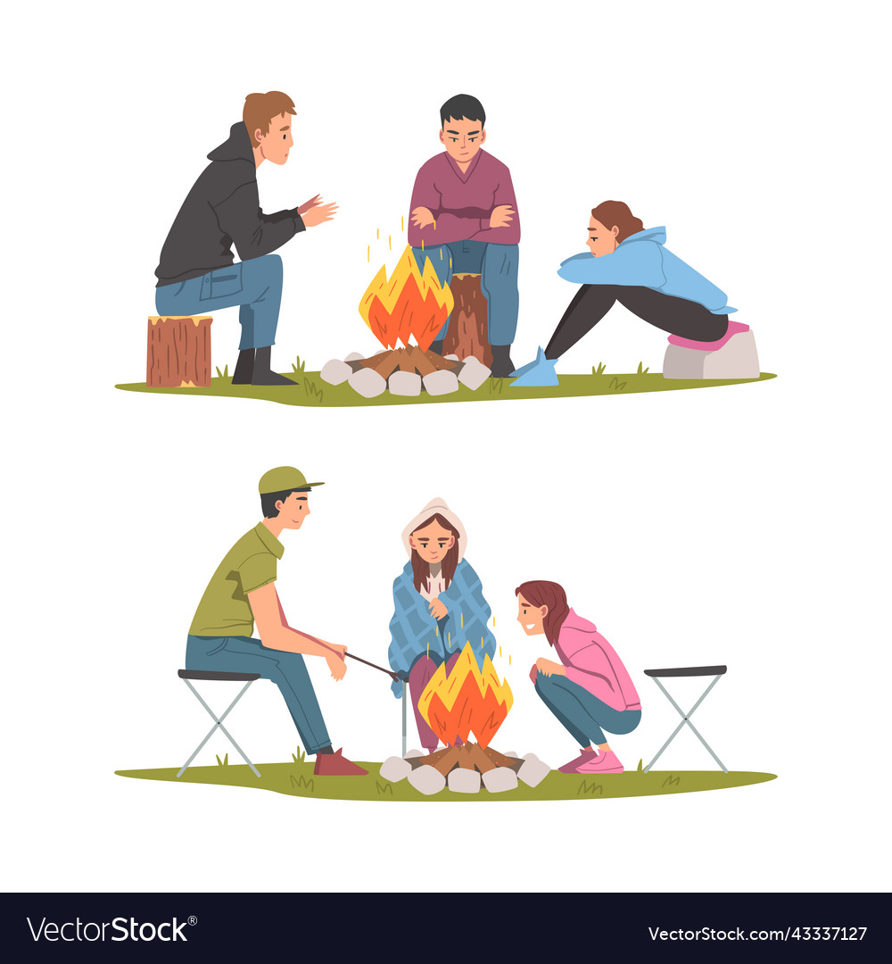 Friends sitting at campfire and talking set Vector Image