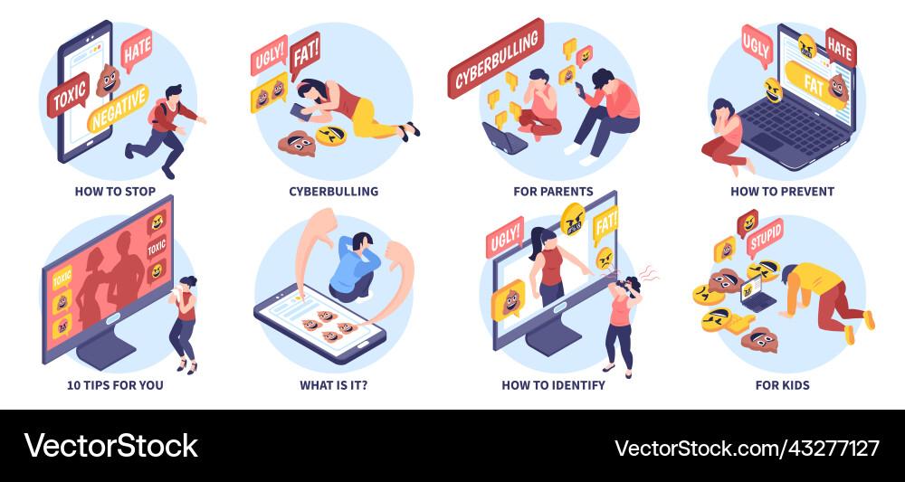 Isometric cyberbullying composition set Royalty Free Vector