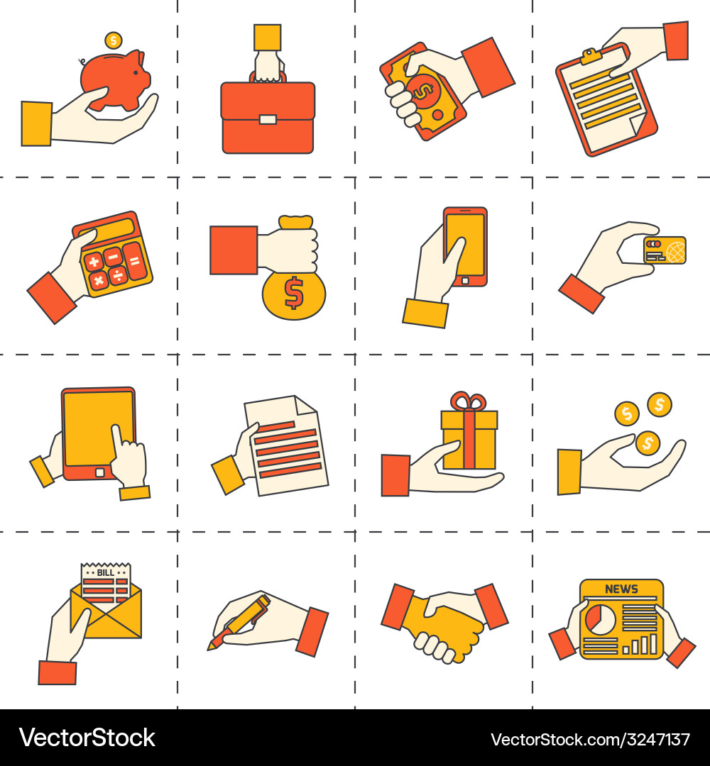 Business hands financial icons Royalty Free Vector Image