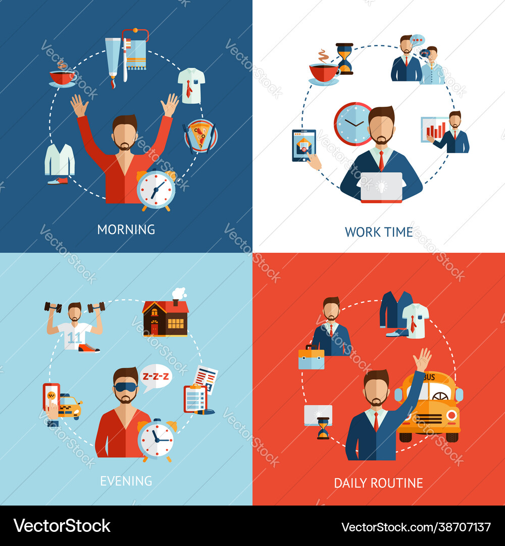 Businessman daily routine concept flat icons Vector Image