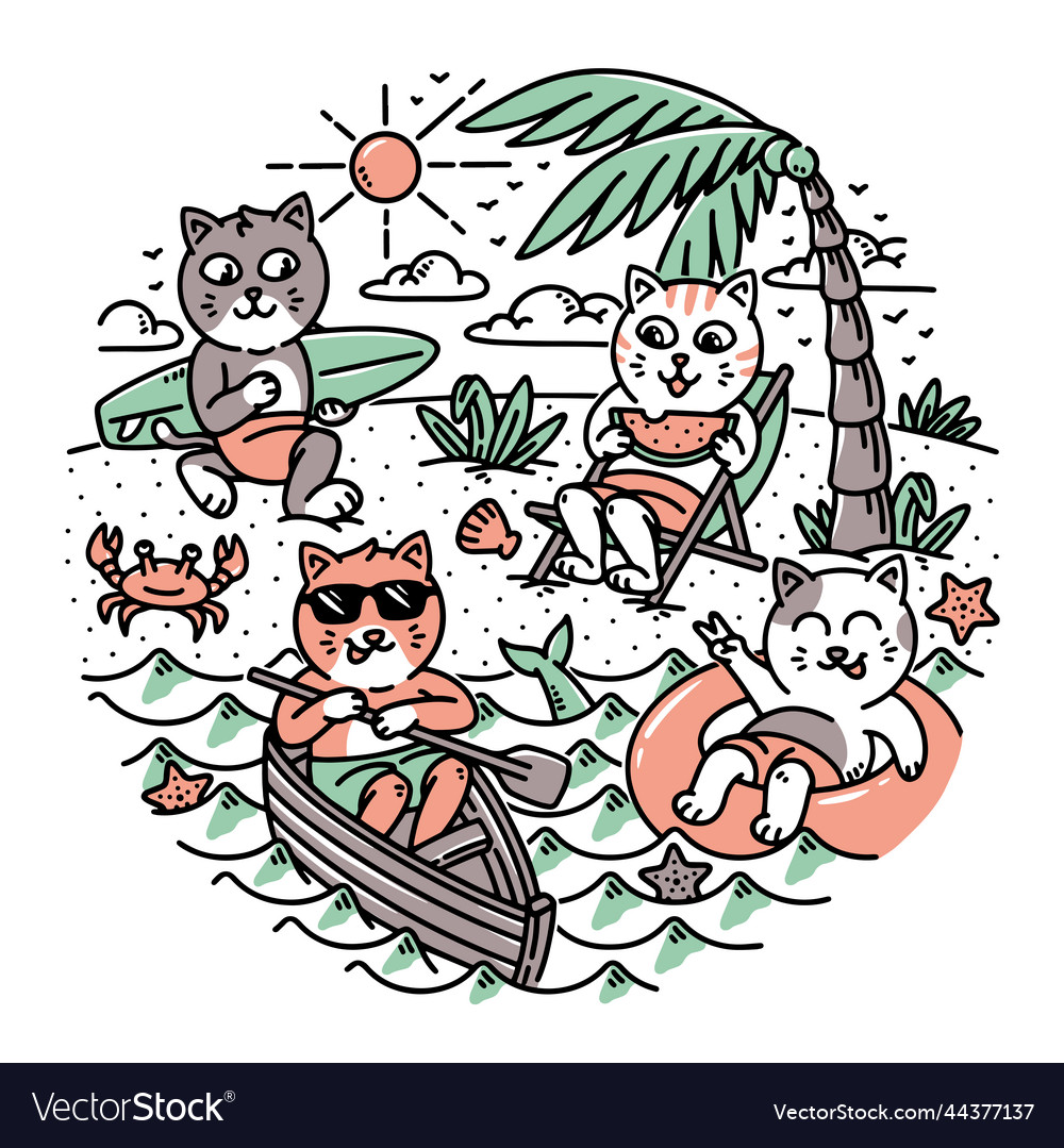 Cute cat doing activities on the beach Royalty Free Vector
