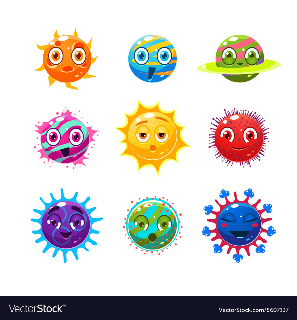 Fantastic planets with faces and emotions objects Vector Image