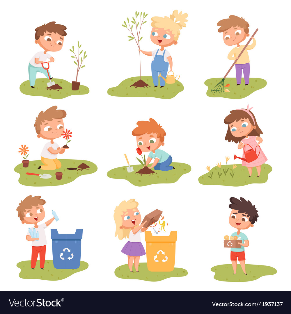 Kids planting happy children gardening digging Vector Image
