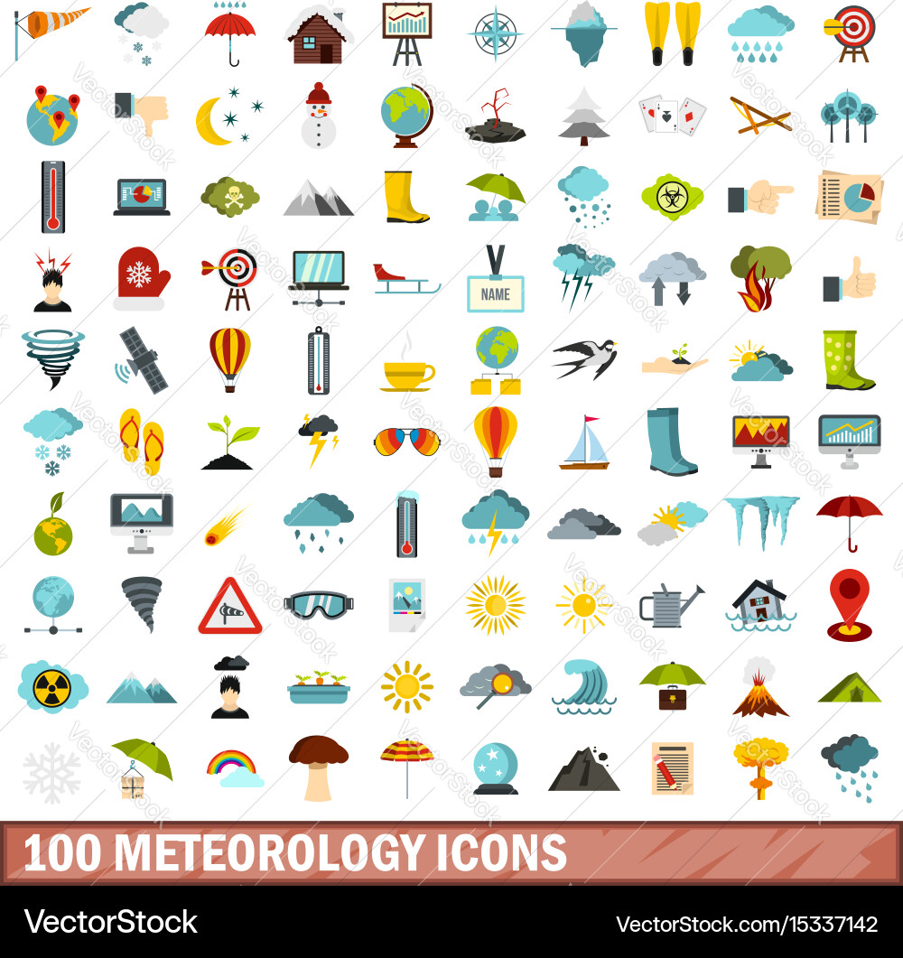 100 meteorology icons set flat style Royalty Free Vector