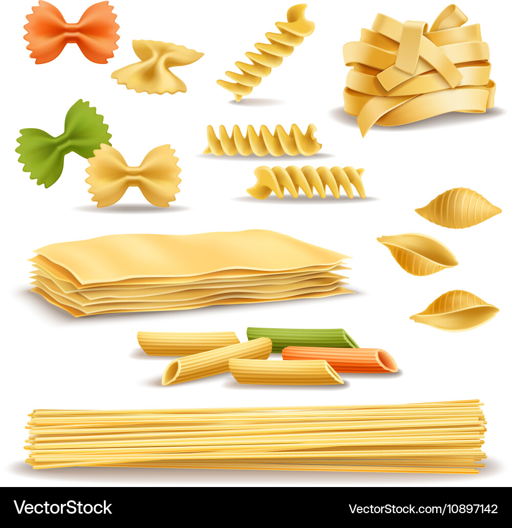 Dry pasta assortment realistic icons set Vector Image