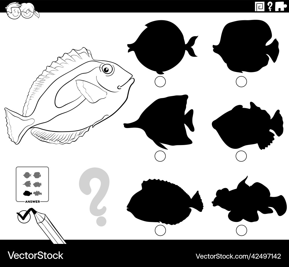 Shadow game with cartoon fish animal character Vector Image