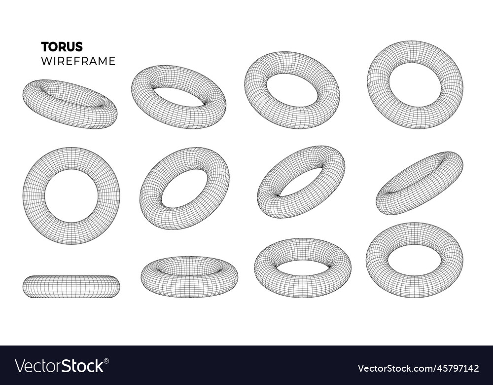 Wireframe Torus Grid Set Abstract Geometric Shape Vector Image