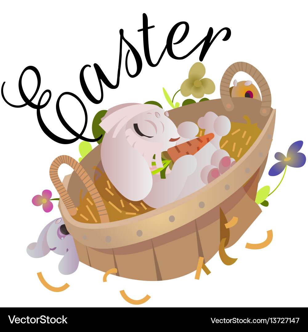 Happy and cute easter bunny sitting in basket Vector Image