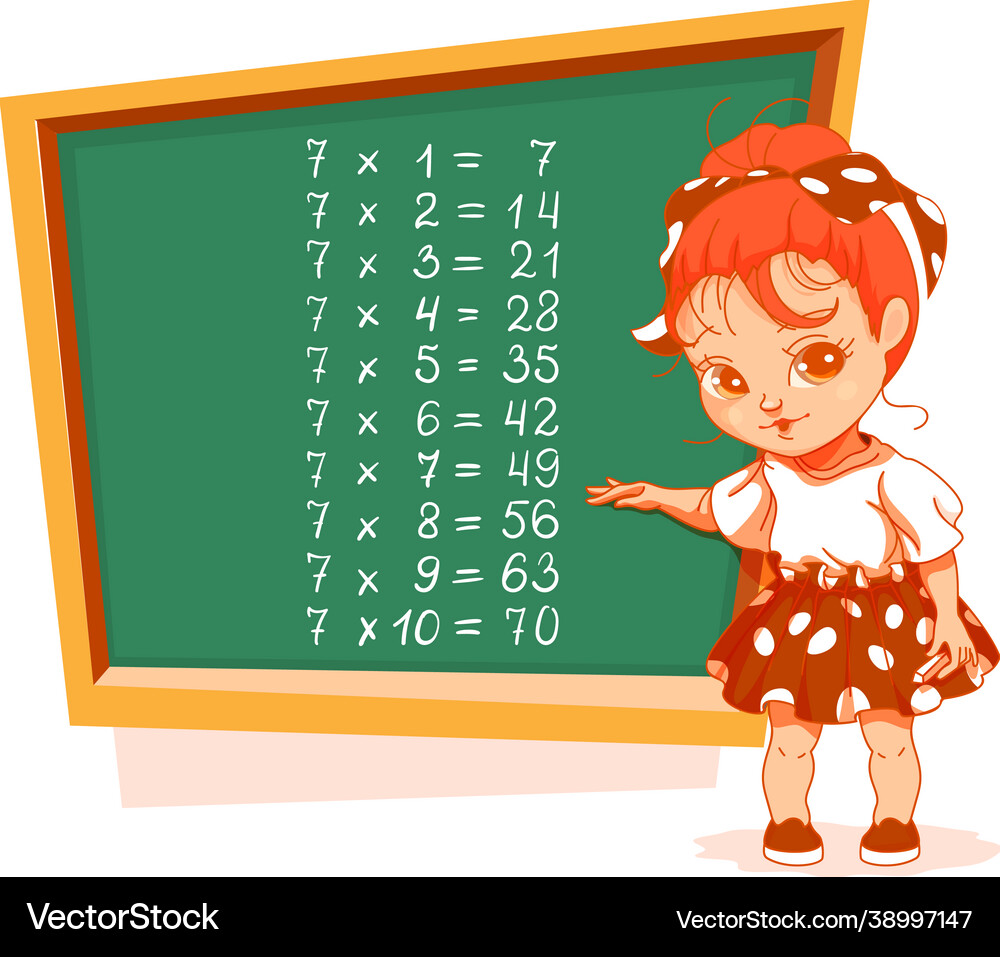 Schoolgirl at blackboard 7 multiplication table Vector Image