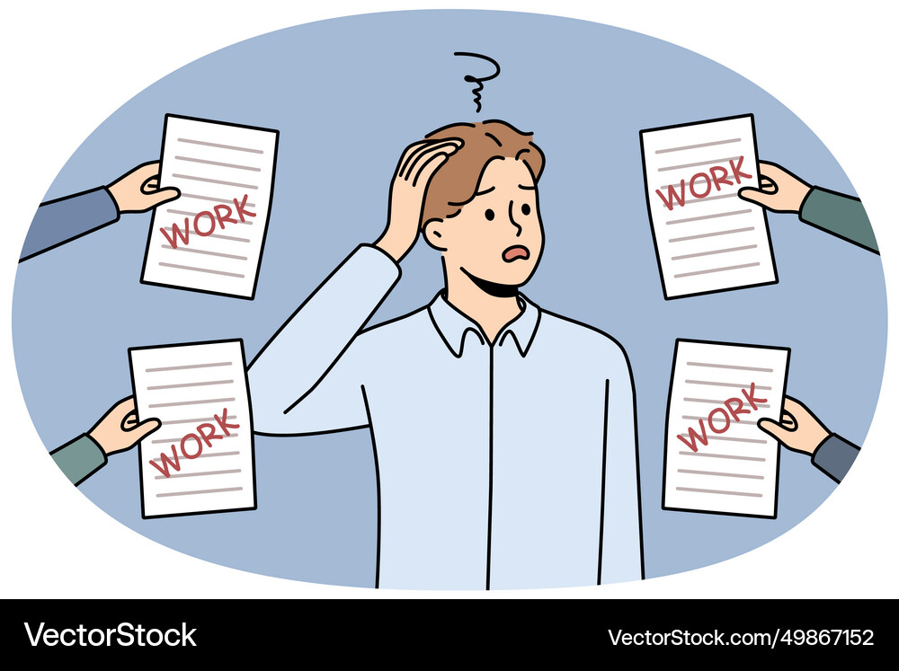 Confused male employee overwhelmed with work Vector Image