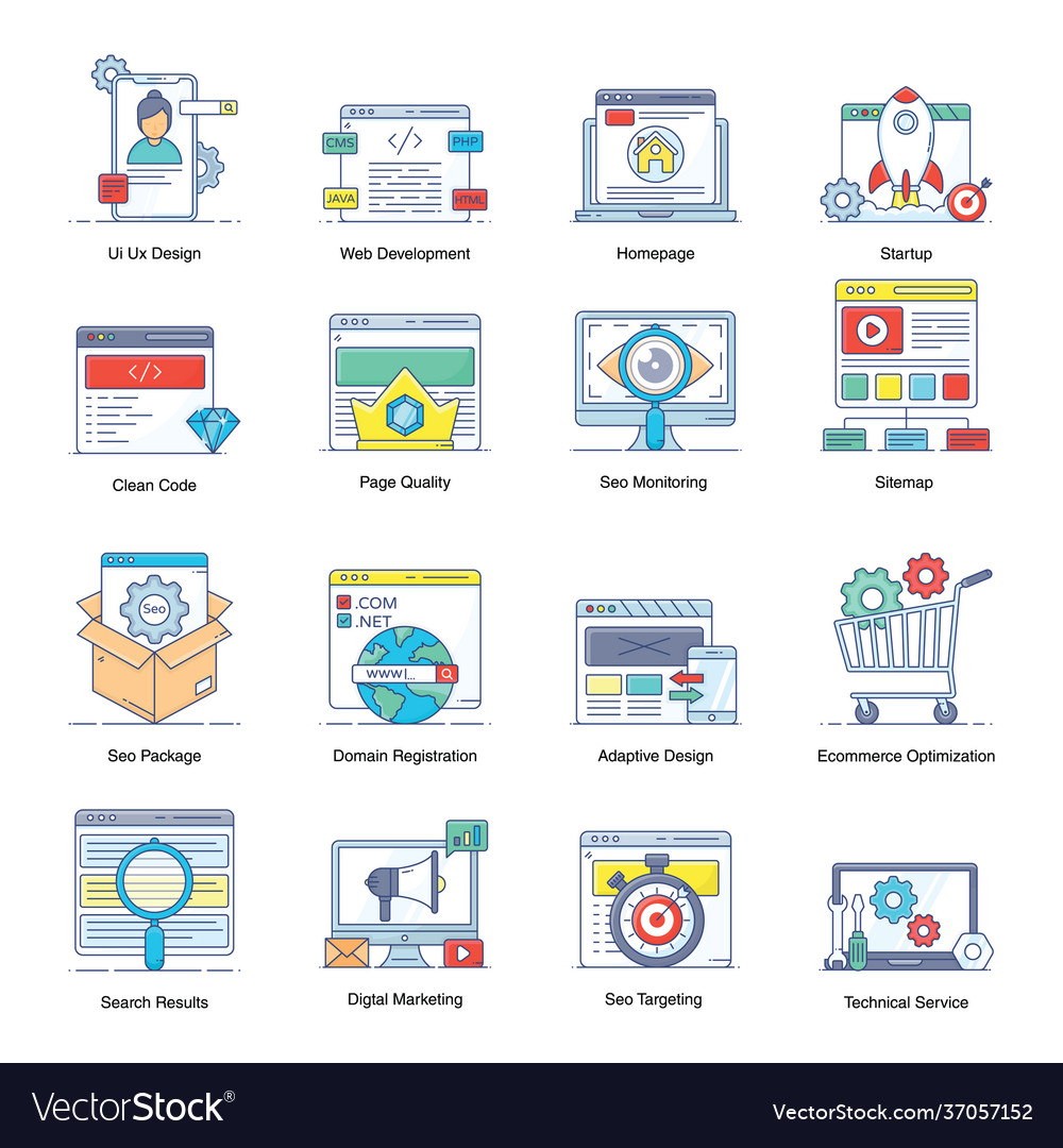 Pack search engine optimization flat icons Vector Image