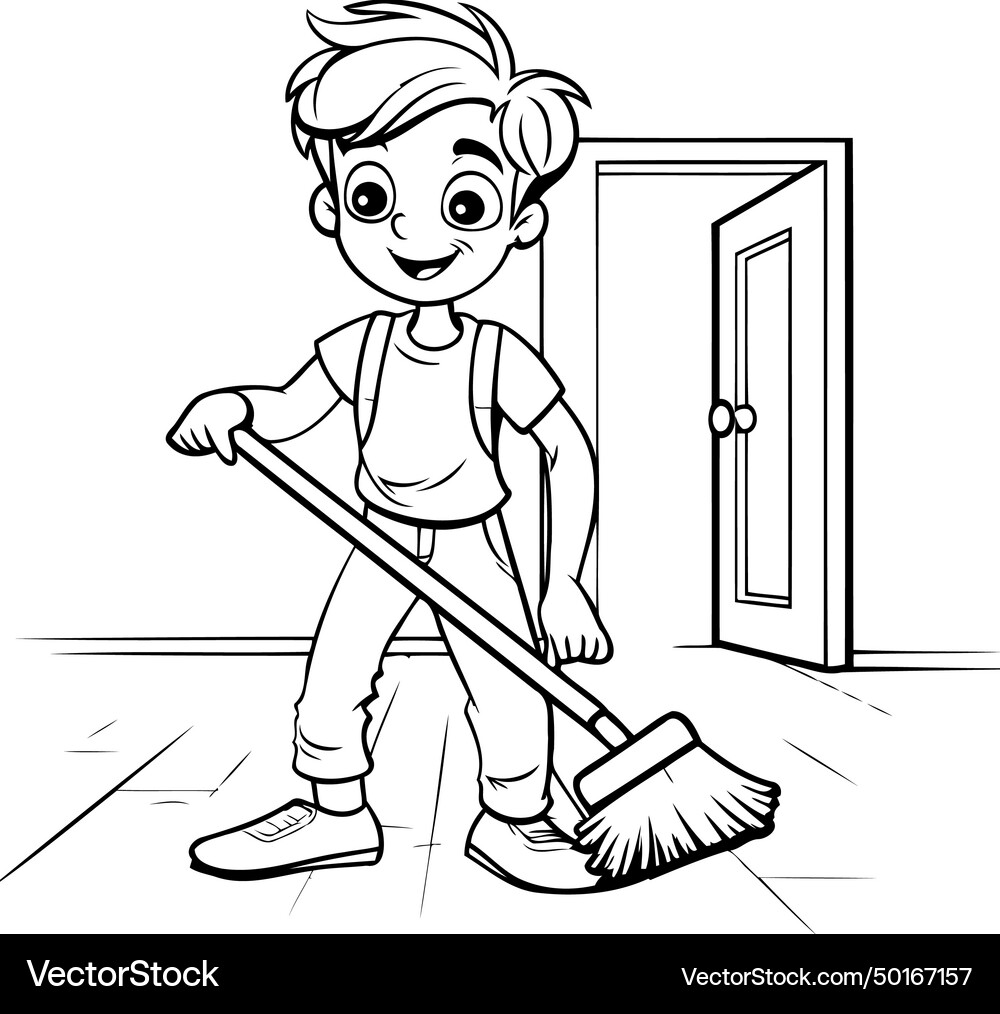 Boy sweeping the floor with a broom coloring book Vector Image