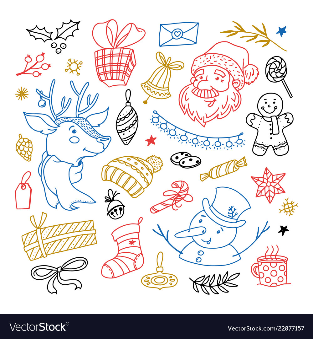 Christmas doodle set - santa reindeer and snowman Vector Image