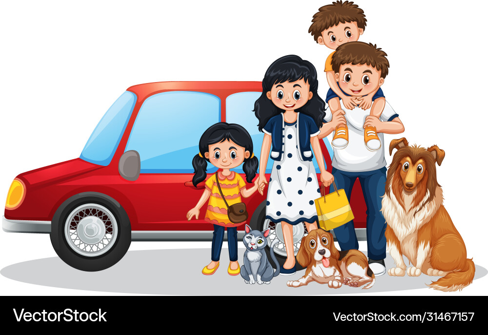 Happy family in front car Royalty Free Vector Image