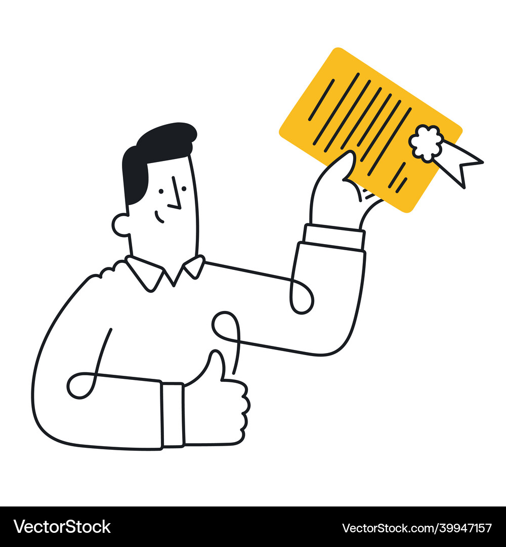 Man holding certificate or diploma and showing Vector Image