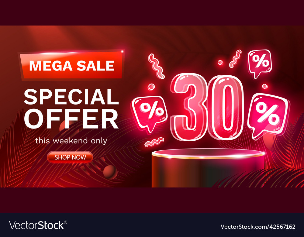 Mega sale special offer neon 30 off banner Vector Image