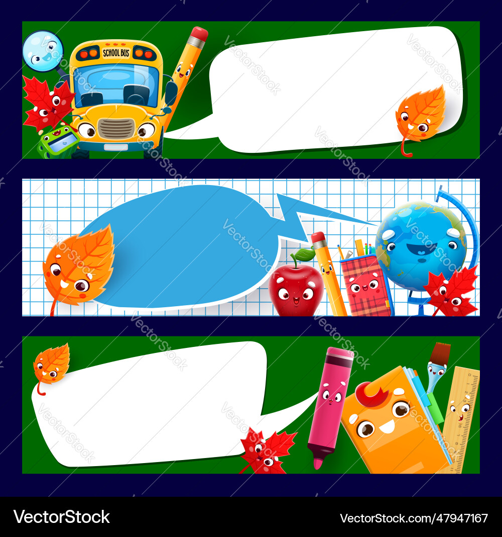 School education banners cartoon supply characters