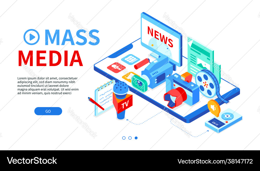 Mass media - modern colorful isometric web banner Vector Image