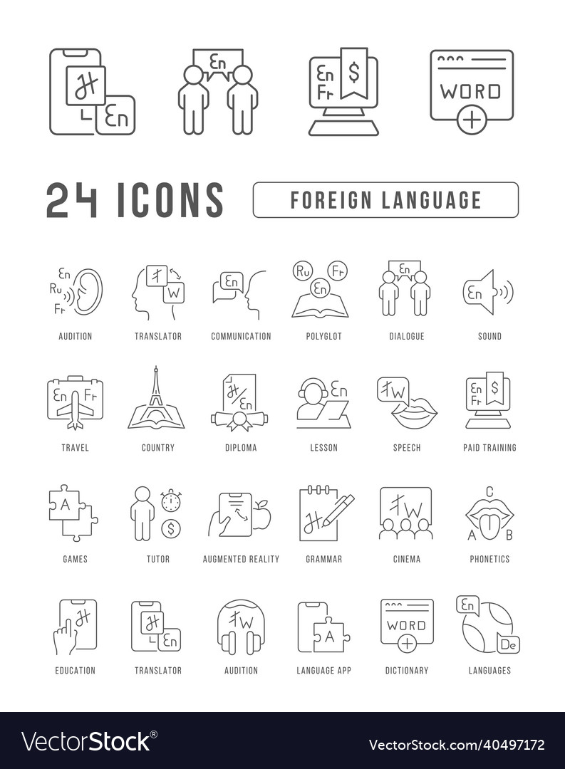 Set of linear icons foreign language Royalty Free Vector