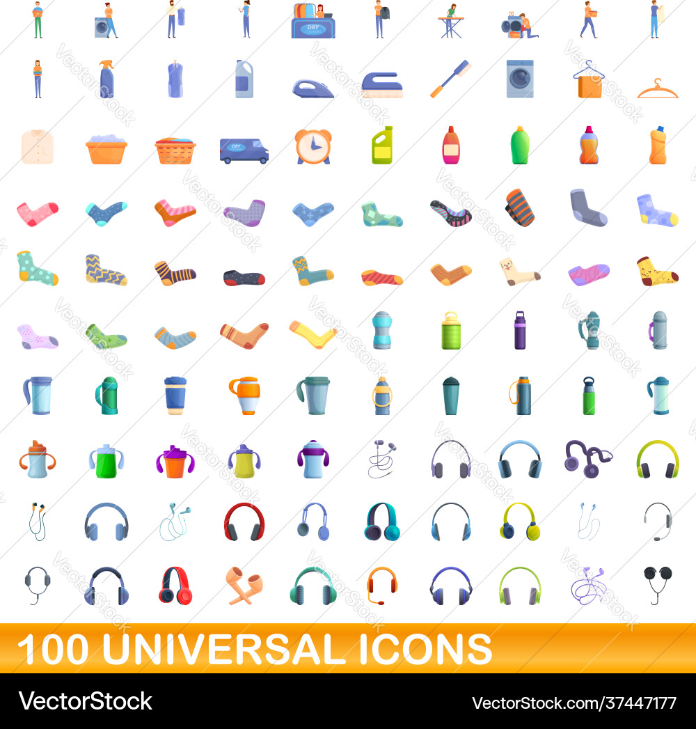 100 universal icons set cartoon style Royalty Free Vector