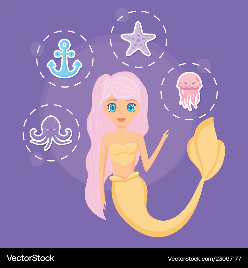 Cute siren with set icons Royalty Free Vector Image