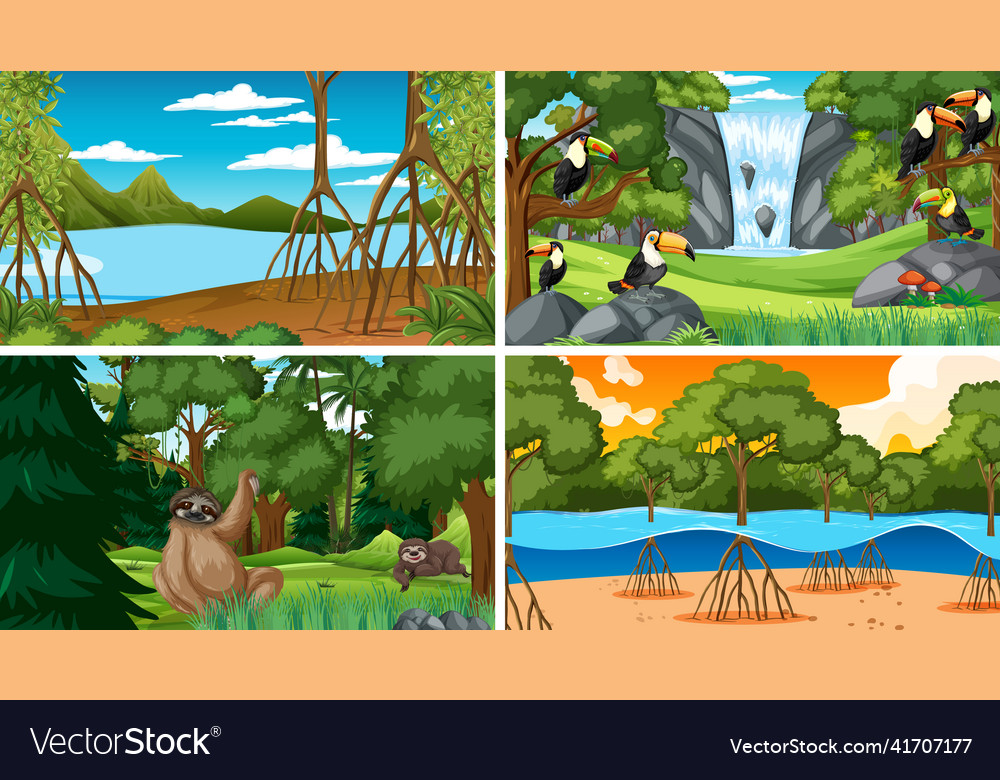 Four scenes with wild animals in the forest Vector Image