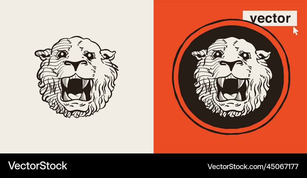 Roaring lion engraving logo ink hatching style Vector Image