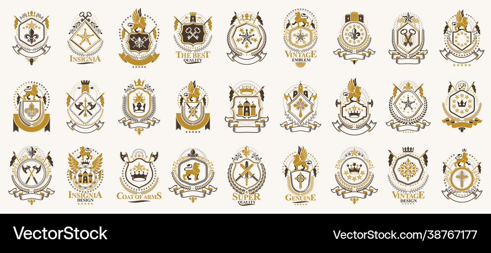 Vintage heraldic emblems big set antique heraldry Vector Image