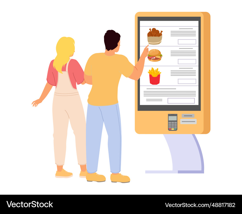 Happy couple using self-service food kiosk Vector Image