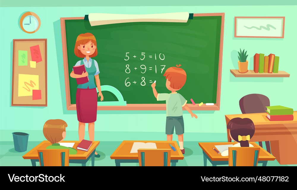 Maths class woman teacher and pupils sitting at Vector Image