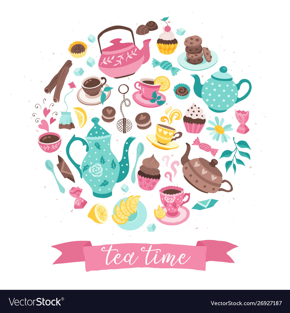 Tea time circle composition Royalty Free Vector Image