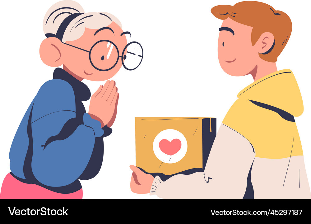 Young man volunteer giving cardboard box with Vector Image