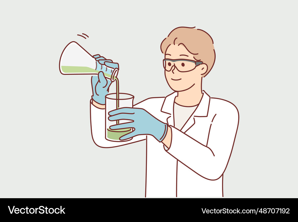 Man scientist holds flasks with chemical reagents Vector Image