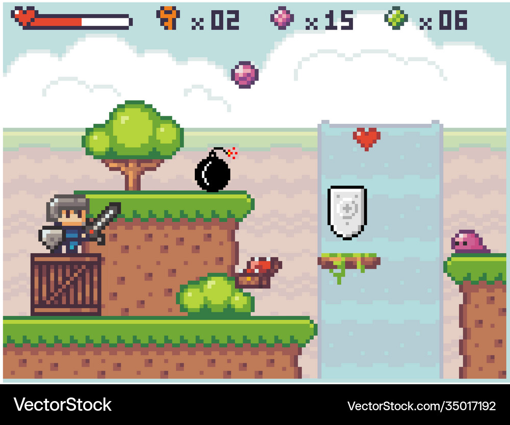 Pixel art style character in game arcade play Vector Image