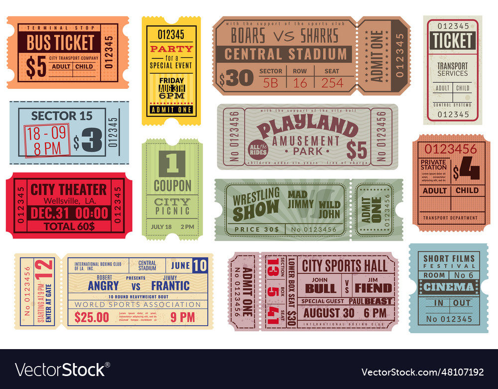 Retro tickets vintage cinema ticket concert Vector Image
