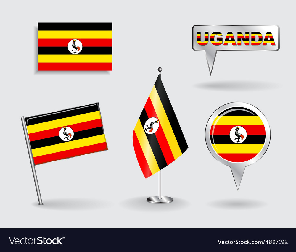 Set of ugandan pin icon and map pointer flags Vector Image