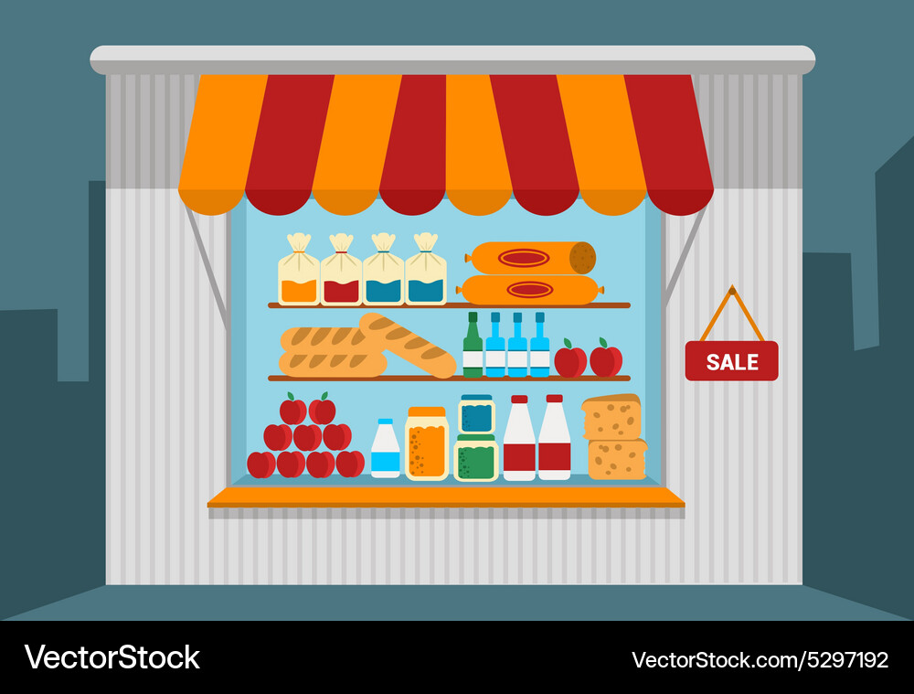 Small shop with open shelves goods Royalty Free Vector Image