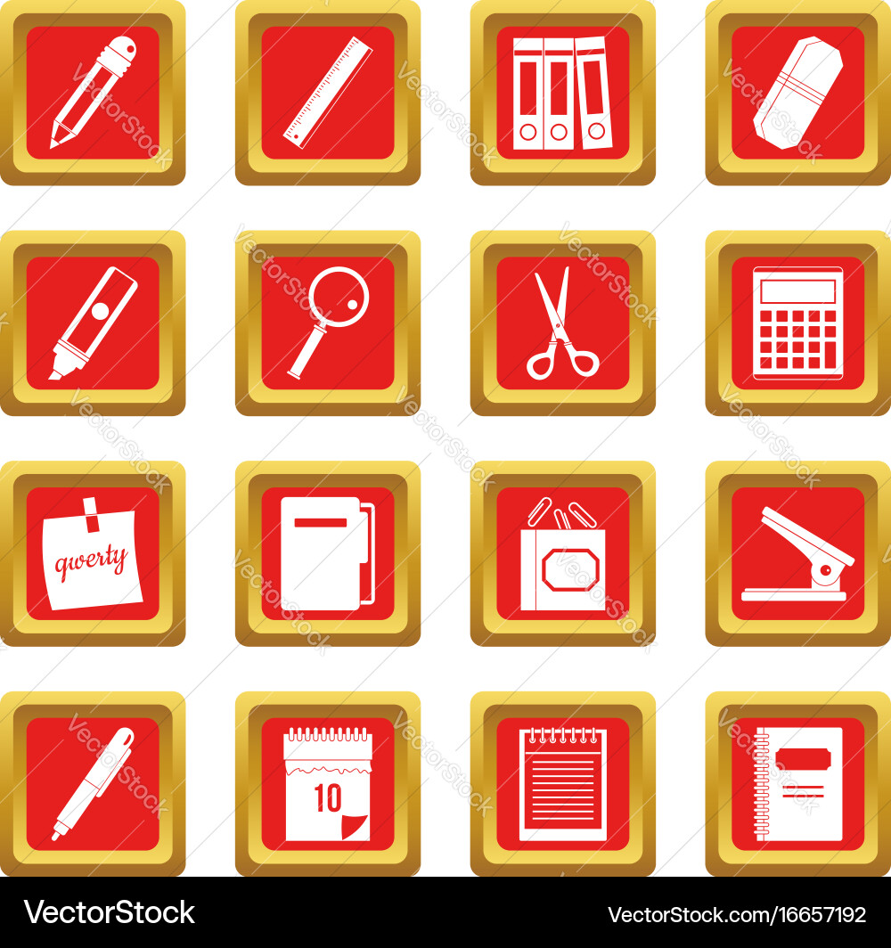Stationery symbols icons set red Royalty Free Vector Image