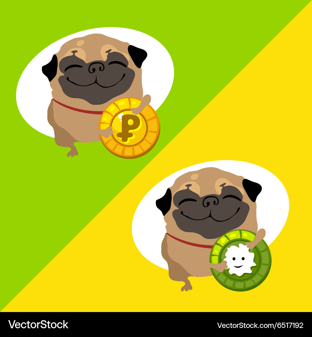 Tow happy dog pug with coins Royalty Free Vector Image