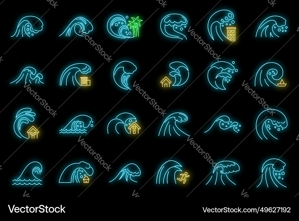 Tsunami disaster icons set neon Royalty Free Vector Image