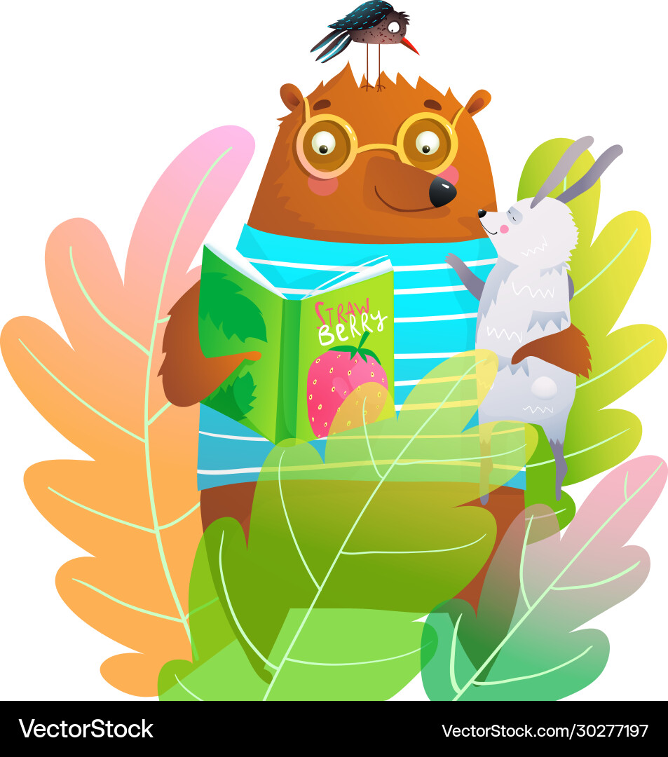 Bear teddy and rabbit reading book in nature Vector Image
